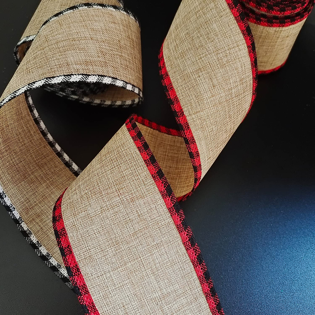 2 Rolls Glitter Buffalo Plaid Wired Edge Ribbons for Valentine's Day Gifts, Burlap Fabric Craft Natural Wrapping Ribbon Rolls with Checkered Edge for Christmas Party Box Wrapping Decor(1.5 x 216 Inch)