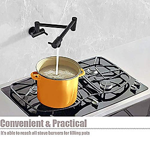 VALISY Lead-Free Solid Brass Single Hole Two Handle Matte Black Wall Mount Pot Filler Faucet，Copper Faucets for Kitchen Sink & Stove Folding Stretchable with 360° Swivel Double Joint Swing Arm
