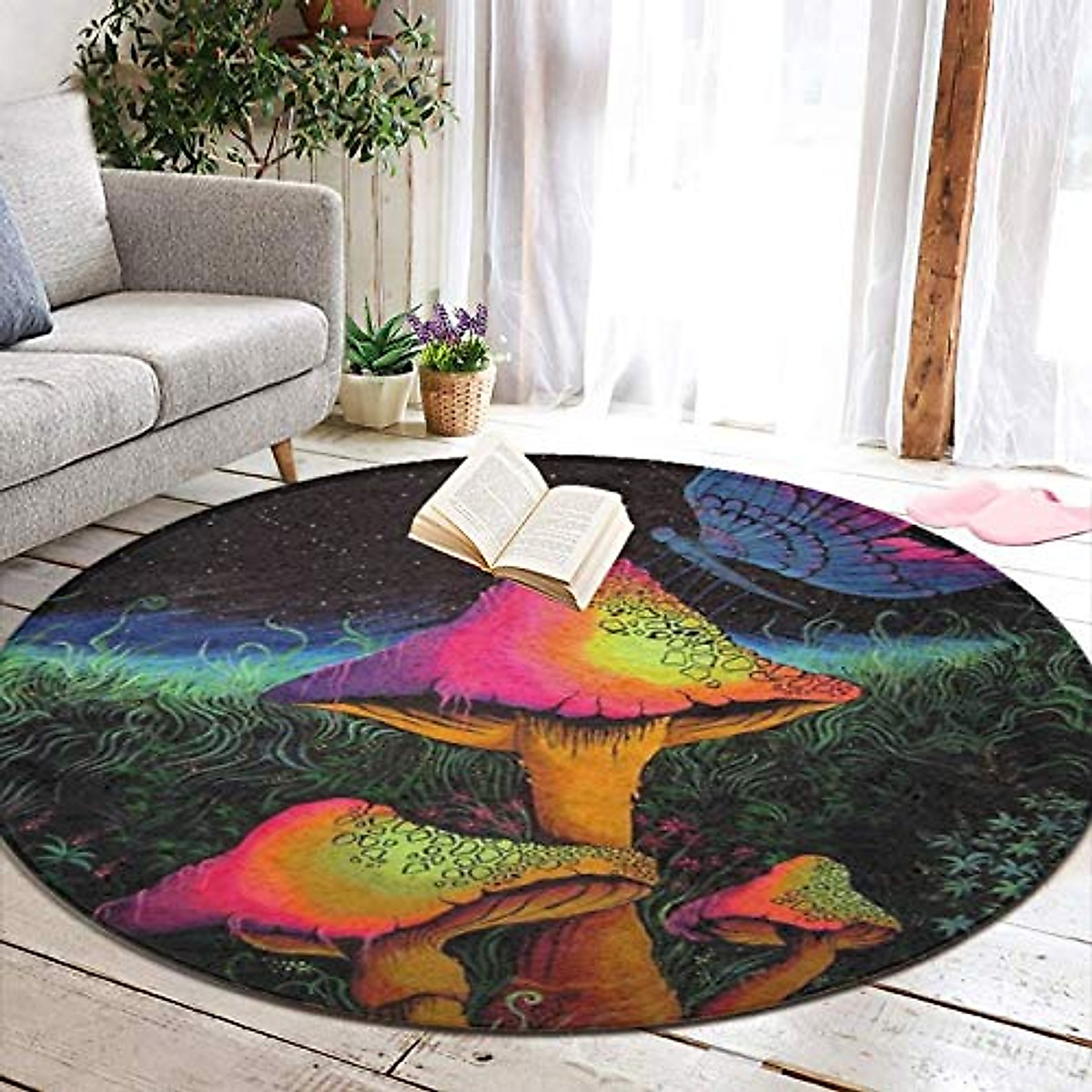 NiYoung Super Soft 36" Diameter Round Area Rug - Wonderland Trippy Mushrooms Non-Slip Doormat Floor Mat Home Decor for Living Room, Home, Bedroom, Absorbent Memory Foam Shaggy Rugs