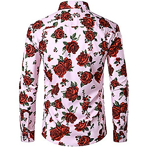 ZEROYAA Mens Fashion Urban Design Polyester Slim Fit Long Sleeve Rose Printed Button Up Dress Shirts ZLCL21-Pink Medium