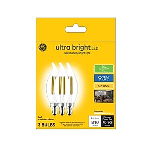 GE Ultra Bright LED 75-Watt EQ CA12 Soft White Candelabra Base (e-12) Dimmable LED Candle Decorative (3-Pack)