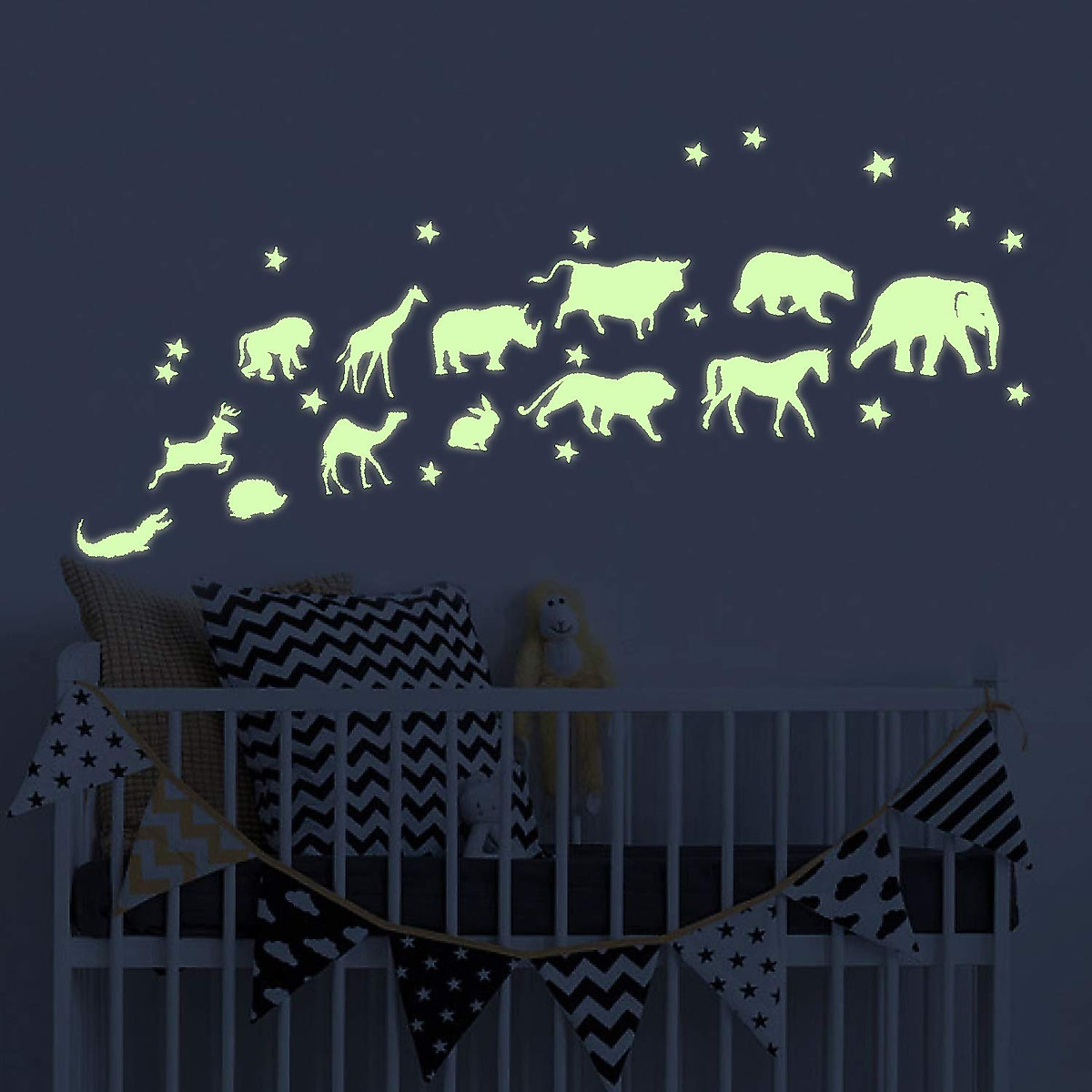 BENBO Animals Glow in Dark Wall Stickers, Cute Animals Jungle Adventure Horse Elephant Giraffe Camel Stars Peel and Wall Decals for Kids Bedroom Nursery Home Wall Mural Decor