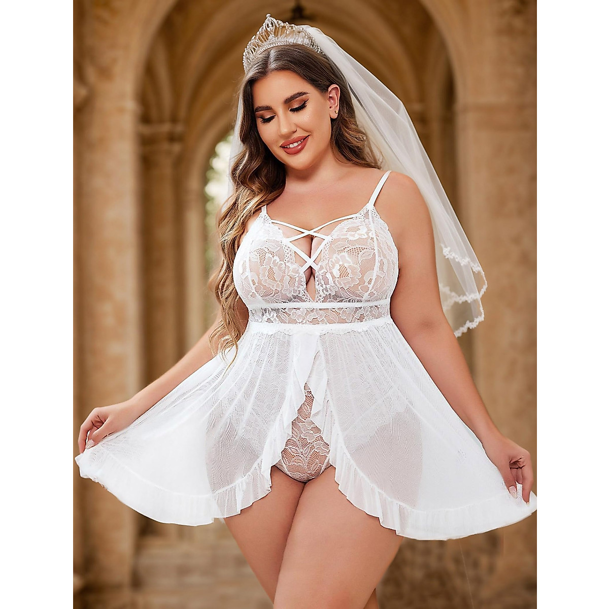 Avidlove Women Plus Size Lingerie Snap Crotch Babydoll Sexy Curvy Strappy Ruffle Lace Chemise(White,L)