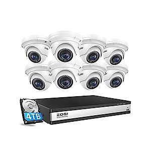 ZOSI 16CH 4K PoE Security Camera System, H.265+ 16 Channel 8MP NVR with 4TB HDD, 8pcs Wired 5MP Outdoor Indoor PoE IP Dome Cameras, Night Vision, Motion Alert, Remote Access, for 24/7 Recording