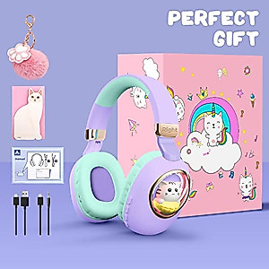 QearFun Kids Bluetooth Headphones with Mic, Led Light Up Cat Over Ear Wireless Headphones for iPad/Tablet/PC/School, Birthday Gifts for Girls/Kids/Toddler (Purple)