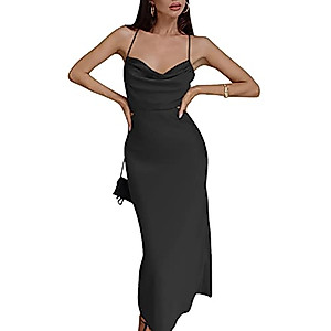 LYANER Women's Satin Cowl Neck Straps Slip Sexy Cut Out Cocktail Midi Dress Black Small