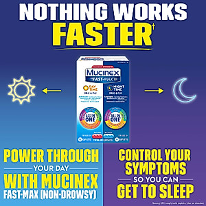 Mucinex Maximum Strength Fast-MAX Cold & Flu Day & Night All-in-One Multi Symptom Relief Caplets, Blue, 20 Count.