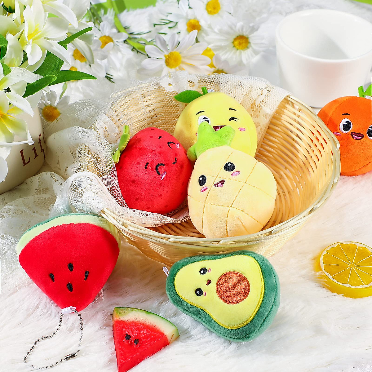 Aoriher 6 Pcs Fruit Plush Toys Colorful Cute Stuffed Mini Avocado Strawberry Orange Handbag Backpack Keychains Sensory Gifts for Christmas Party Favors Classroom Reward Exchange Gifts, 3.15 Inches
