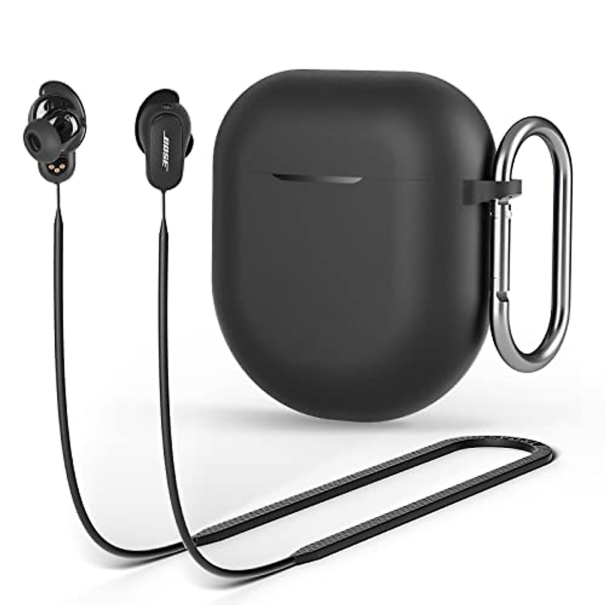AHBTEYM for Bose QuietComfort Earbuds II Case(2022),Anti-Lost Strap Accessories,Silicone Skin Sleeve Cover for New Bose QuietComfort Earbuds 2 with Carabiner,Sports Lanyard for Women Men(Triple Black)