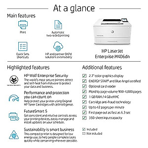 HP LaserJet Enterprise M406dn Monochrome Printer with built-in Ethernet & 2-sided printing (3PZ15A)