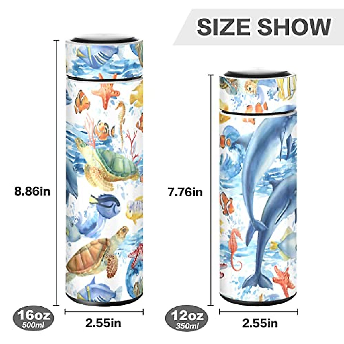 CaTaKu Small Water Bottle 12 oz, Sea Life Fish Turtle Insulated Water Bottle for Water Coffee Tea Stainless Steel Flask Thermos Bottle Reusable Wide Mouth Vacuum Travel Mug