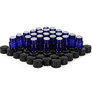 24, Cobalt Blue, 2 ml (5/8 Dram) Glass Bottles, with Orifice Reducers and Black Caps