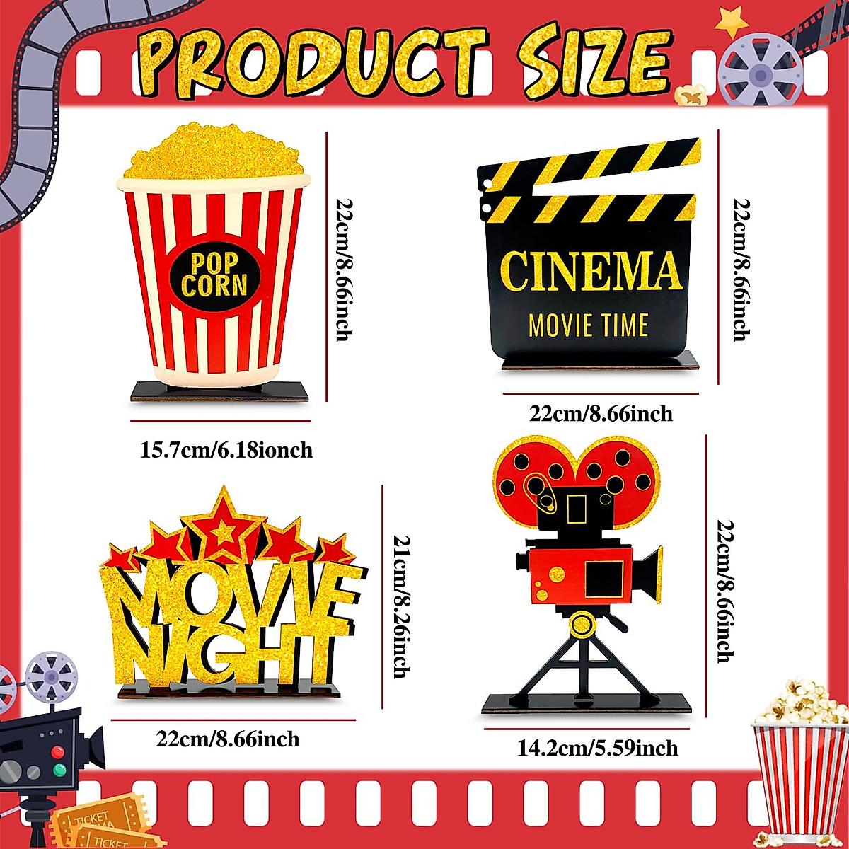 4 Pieces Movie Night Decorations Movie Theater Table Wooden Centerpieces Sign Hollywood Theme Party Decorations for Cinema Movie Time Birthday Party Favors Supplies