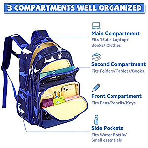 VASCHY Kids backpacks, 16in Water Resistant Backpack for Preschool/Primary/Elementary School Bookbag for Boys Girls with Tablet Sleeve Shark