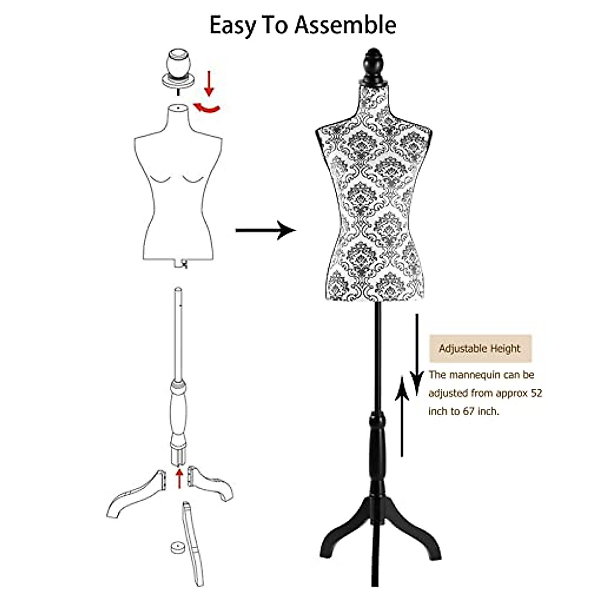 HAORUI Mannequin Torso Female Dress Form Pinnable Mannequin Body for Display with Height Adjustable Sturdy Tripod Stand , Black Flower