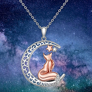 Jewlikee Fox Necklace Animal Fox Pendant 925 Sterling Silver Celtic Moon Cute Foxes Gifts
