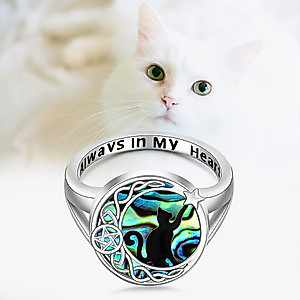 Cat Engagement Ring Sterling Silver Black Cat on Celtic Knot Moon Matching Thumb Couple Rings for Women Abalone Cute Animal Jewelry Halloween Christmas Gifts Size 9