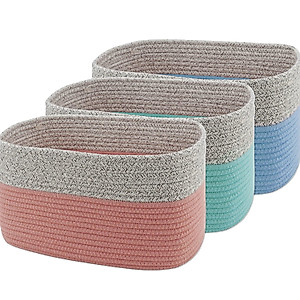 NUMONQ Cotton Baskets 3Pc Storage Set | Multi-Color ative Soft Basket Bins Organize Laundry Baby Toys Nursery with Handles, Pink/Blue/Green