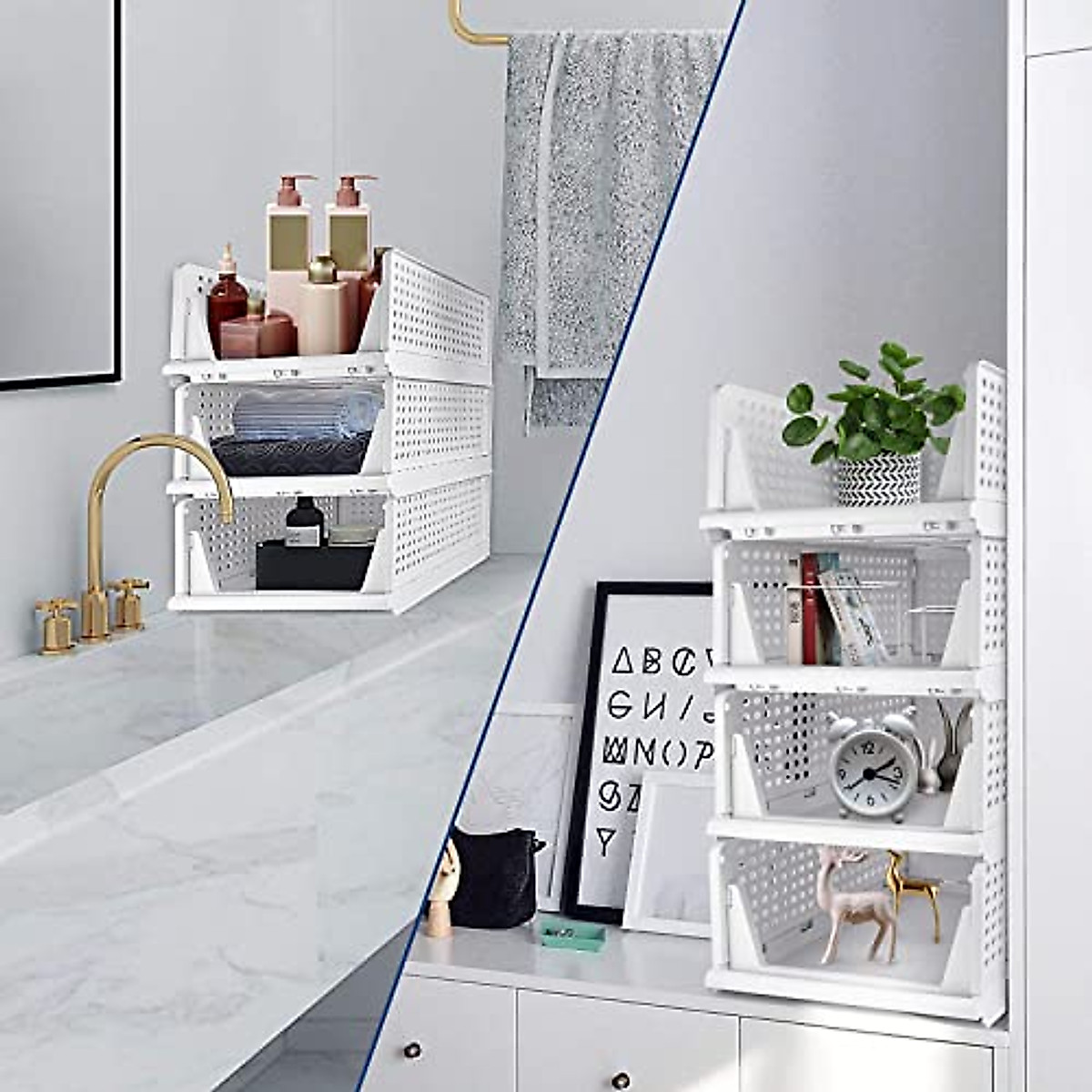 Mupera Stackable Plastic Storage Basket - Upgraded Large White Folding Storage Bins, Plastic Push-pull Clothes Organizer Shelf, Collapsible Storage Organizer for Wardrobe Bathroom Kitchen (4 Pack)