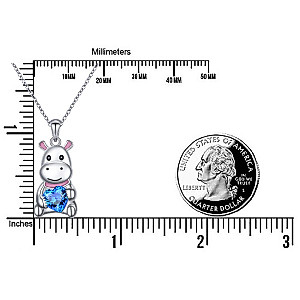 Ladytree S925 Sterling Silver Cute Animal Hippo Hippopotamus Blue Cubic Zirconia Love Heart Pendant Necklace Gifts for Women Teenager