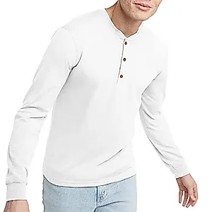 Hanes Comfortblend Originals T-Shirt, Long Sleeve Cotton Henley Tees for Men, White, X Large