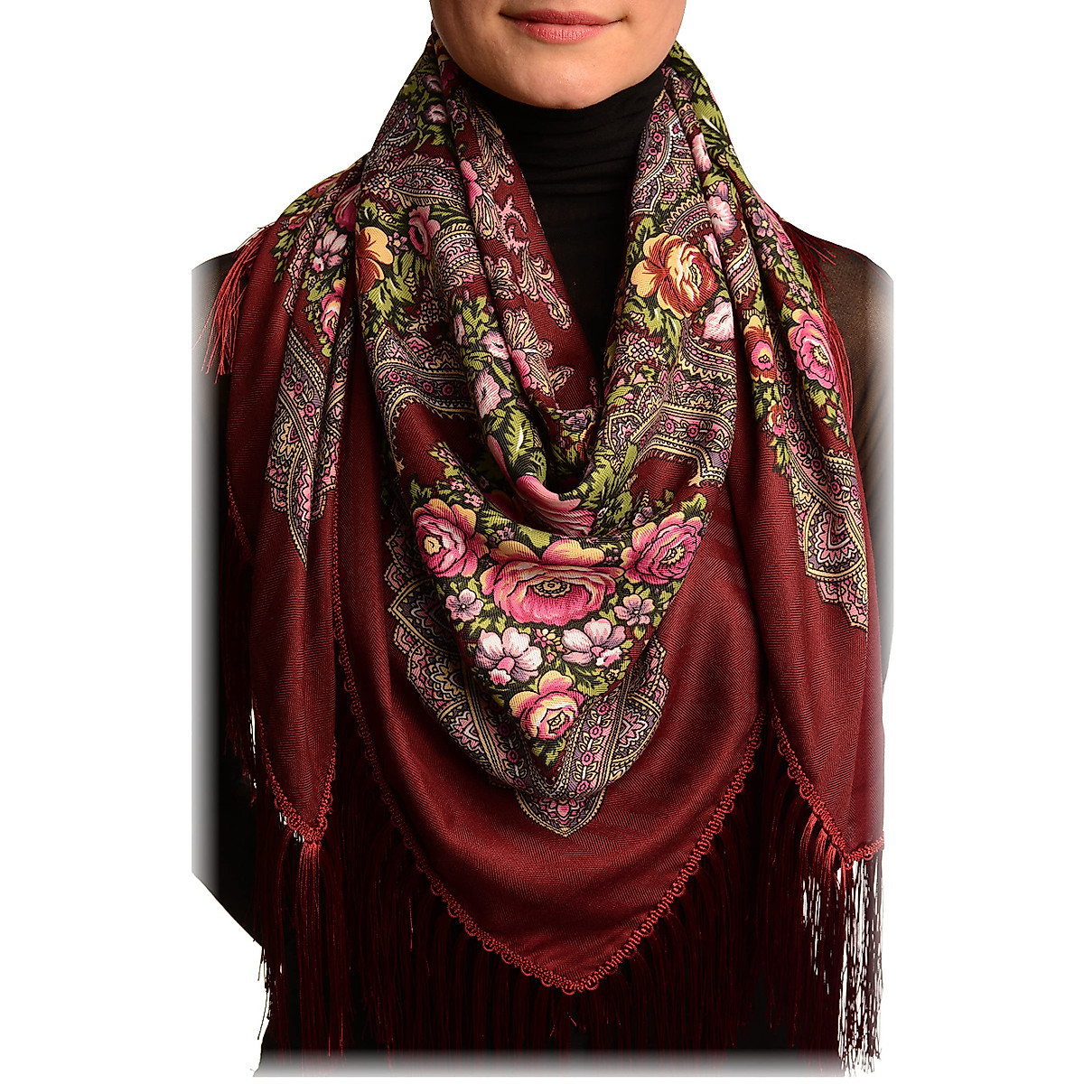 LissKiss Burgundy Plyaski Slavonic Russian Folk Style Shawl - Scarf