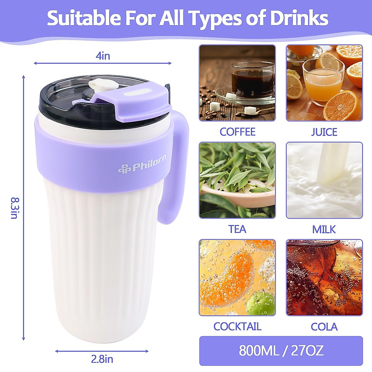 PHILORN 27 oz Tumbler with Lid, Straw & Handle, Stainless Steel Insulated Water Bottle, Leak Proof Travel Tumbler Fits in Cup Holder, White Cup for Cold & Hot Drinks