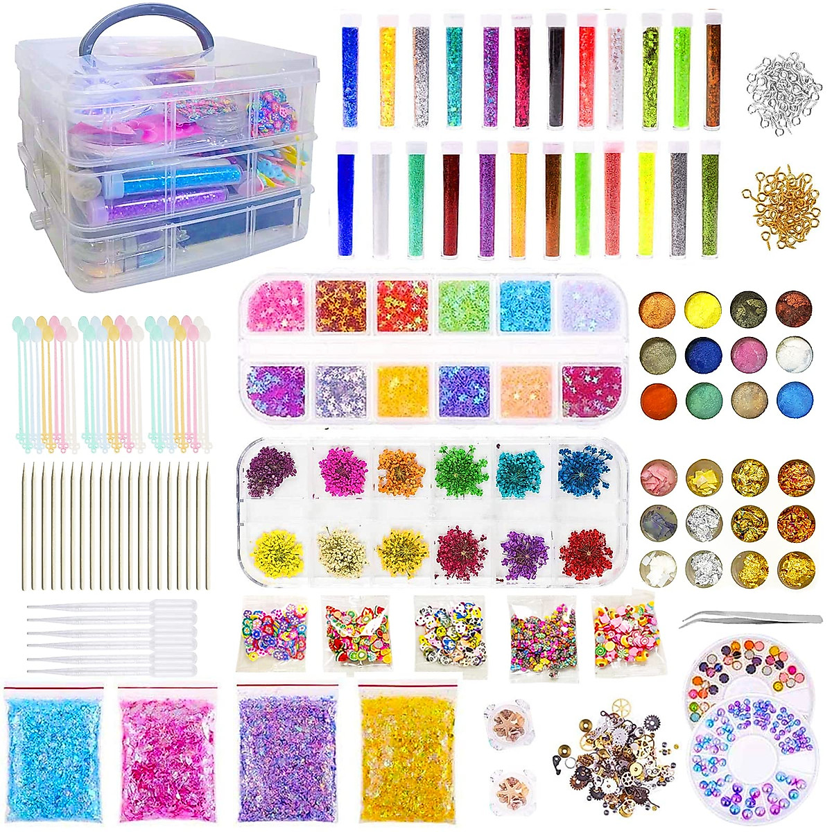 Catcrafter Resin Decoration Accessories Art Kit - All in One Package Resin Molds Silicone Kit Bundle Jewelry Making Supplies for Beginners with Dried Flowers Craft Glitter Nail Gems DIY