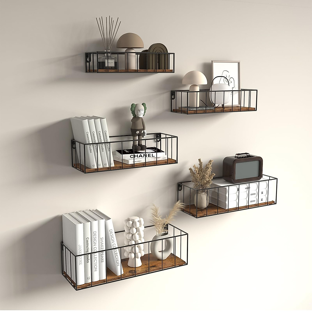 CRUGLA Floating Shelves Wall Mounted Set of 5, Hanging Storage Wall Shelf with Rail for Bathroom, Bedroom, Living Room, Kitchen