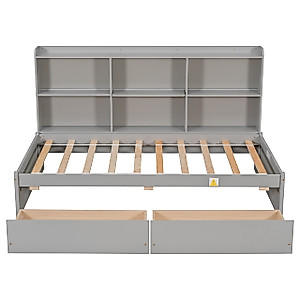 Twin Size Captain Bed with 2 Storage Drawers Wood Day Beds with Side Bookcase, Twin Bed Frame for Kids, Boys, Girls & Teens, No Box Spring Needed, Grey