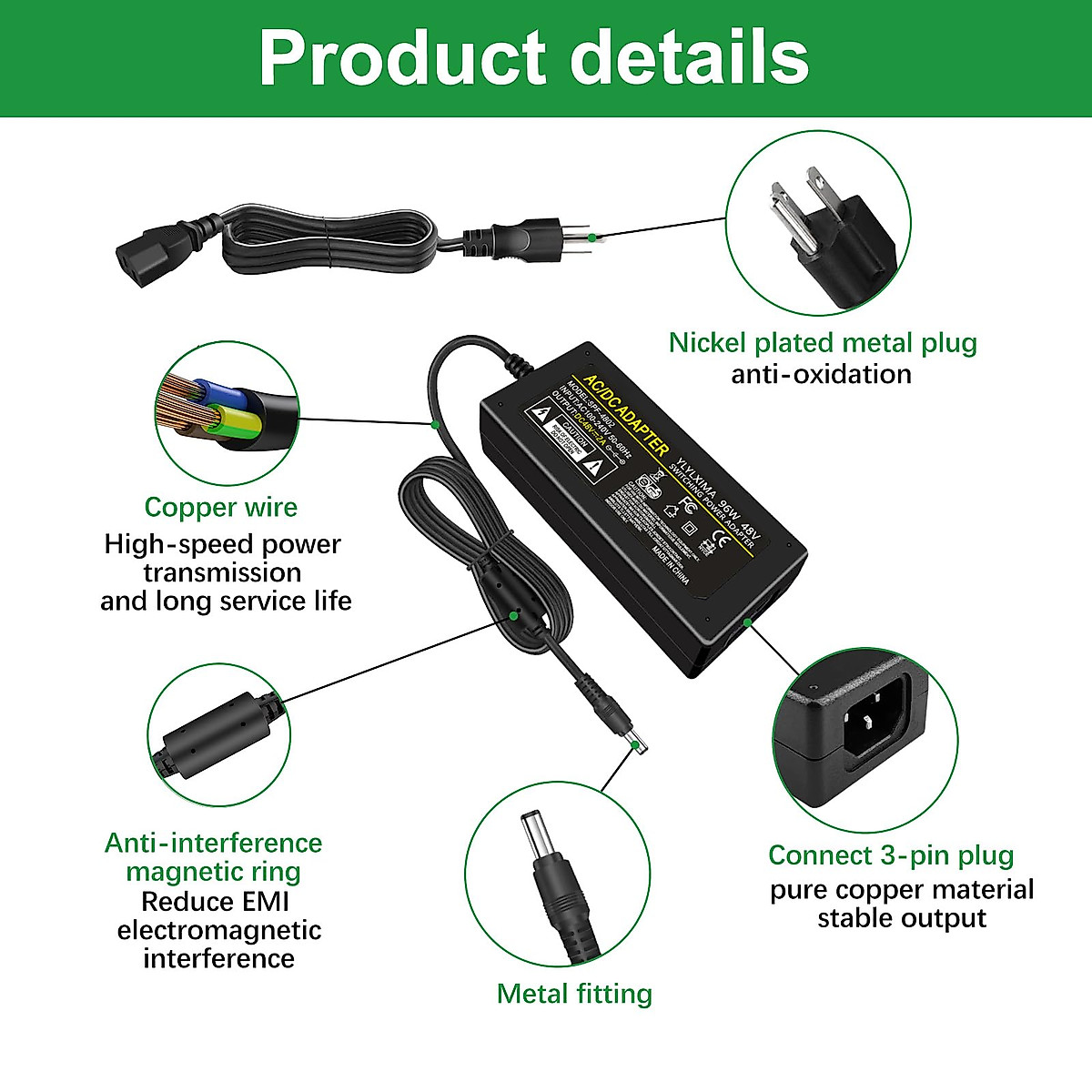 YLYLXIMA 48V 2A Power Supply Adapter 48V 96W charger AC 100-240V to DC 48V 2A Adapter US Plug 5.5 x 2.5mm for PoE Switch, LCD Monitor, LED Strip, Router.(Notice! Not Suitable for Battery Charging).