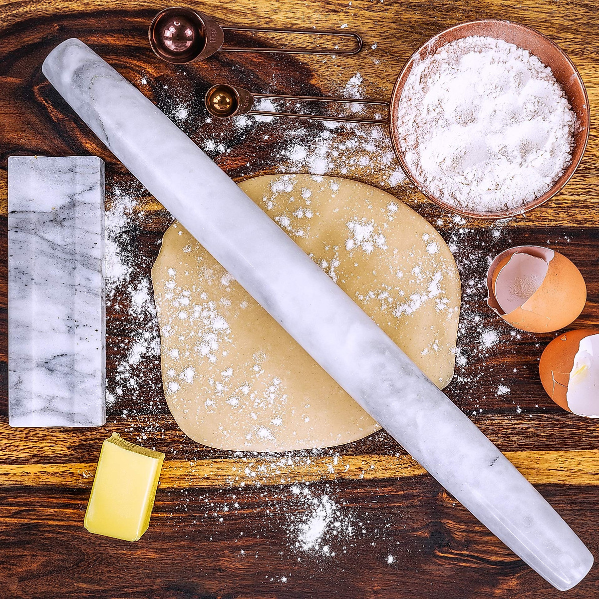 Marble French Rolling Pin for Baking Pizza Dough, Pie & Cookie With Stand - Nonstick Essential Kitchen utensil tools gift ideas for bakers 16" inch Pins (White Marble)