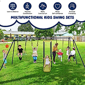 Costzon 660 lbs Swing Sets for Backyard, 7-in-1 Heavy Duty Extra Large Metal Swing Frame w/2 Swings, Glider, Gym Rings, Slide, Monkey Bar, Basketball Hoop, Play Equipment for Indoor Outdoor Gift Kids