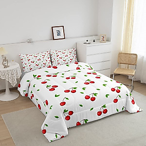Erosebridal Cherry Bedding Set Pink Fruits Comforter Set for Adult Women Girls Kawaii Room Decor Bedding Duvet Soft Simple Style Quilted Duvet Teens Boys Cherry Print Down Comforter, Queen Size