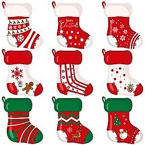 54 Pcs Christmas Mini Colorful Cut-Outs Xmas Stocking Cut-Outs 9 Design Christmas Name Tag Reward Cards Holiday Classroom Decoration Assorted Christmas Cutouts for Kids Bulletin Border Office Party