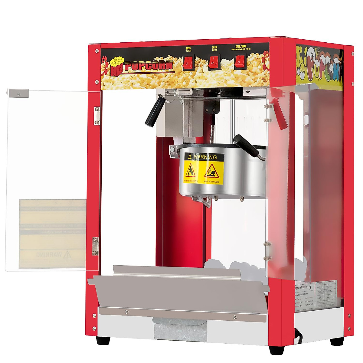 110V US Commercial Popcorn Machine, 8oz Popcorn Maker with Stainless-Steel Kettle,1400 W Countertop Popcorn Maker ，Movie Theater Popper with 3-Switch Control Steel Frame Acrylic Doors, Red