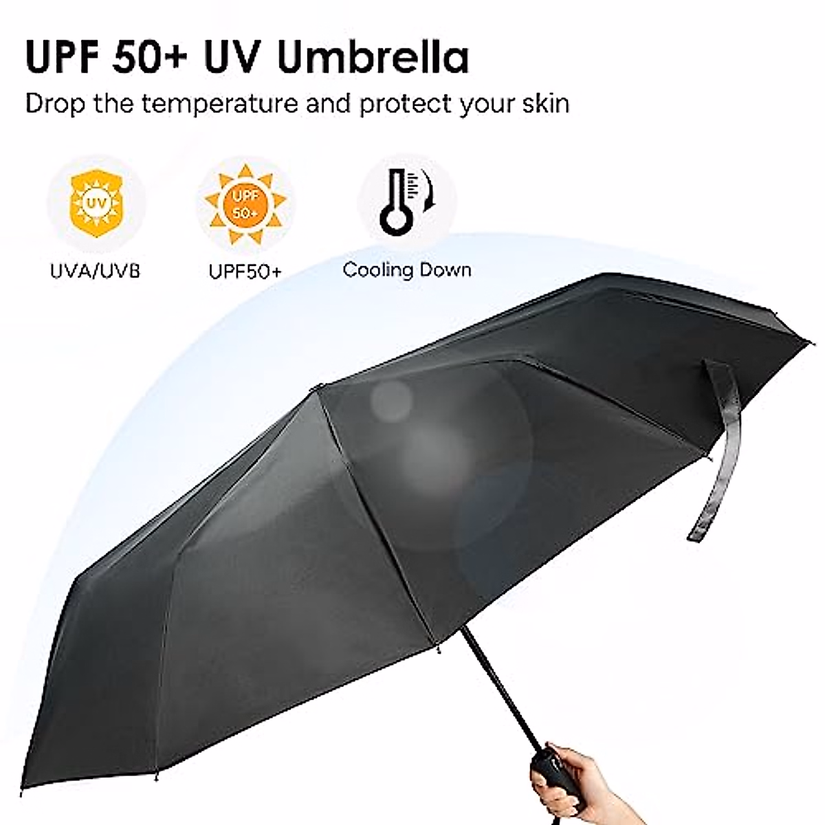 travel inspira Folding Umbrella - Travel Umbrella Compact Automatic Open Close, 12 Ribs Windproof UPF 50+ UV Protection for Rain, Snow, Sunny, Black