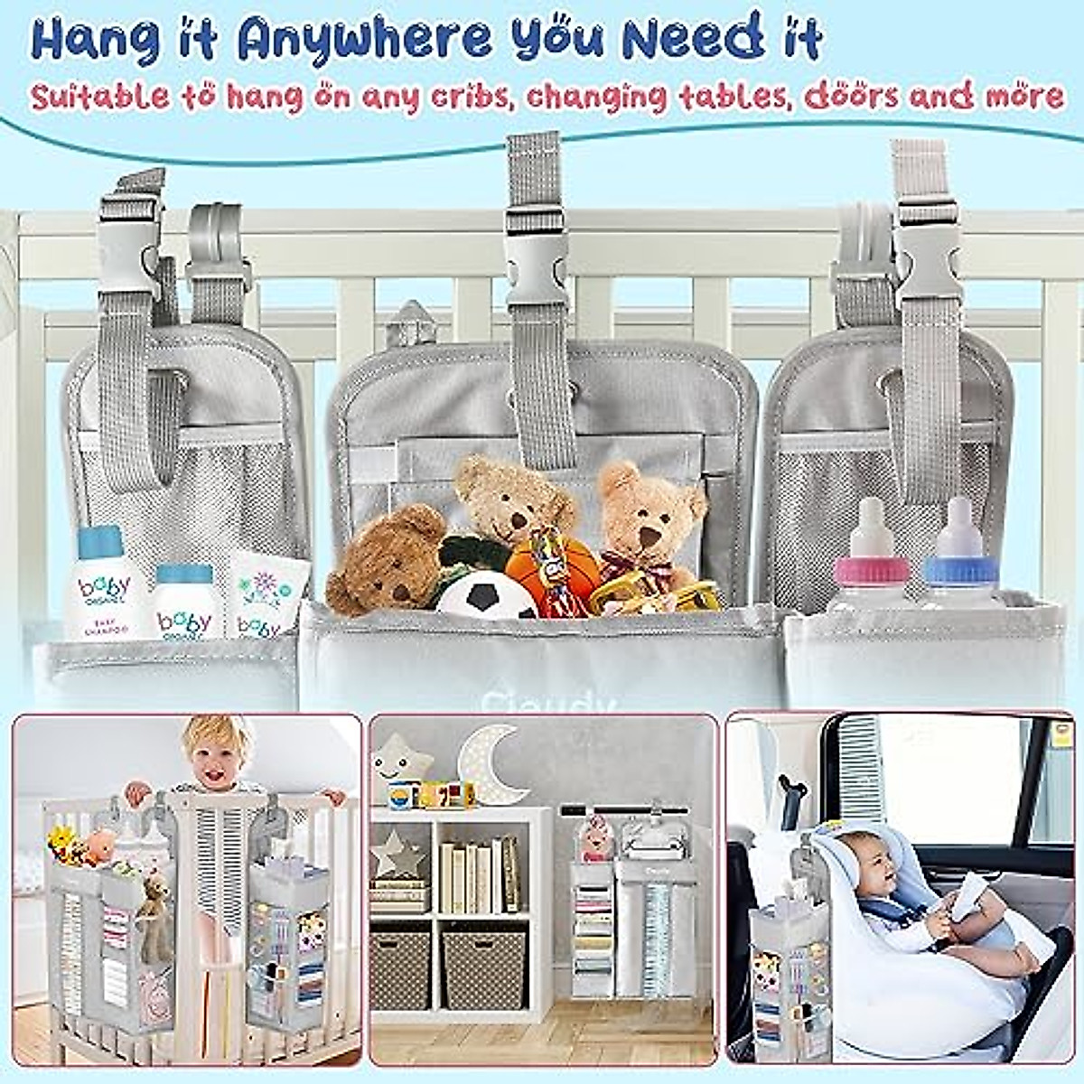 CIEUDY 3-in-1 Hanging Diaper Organizer Storage for Baby, Hanging Diaper Organizer for Changing Table, Playard, Wall & Door, Gifts for New Mom after Birth（Included High Contrast Baby Book）