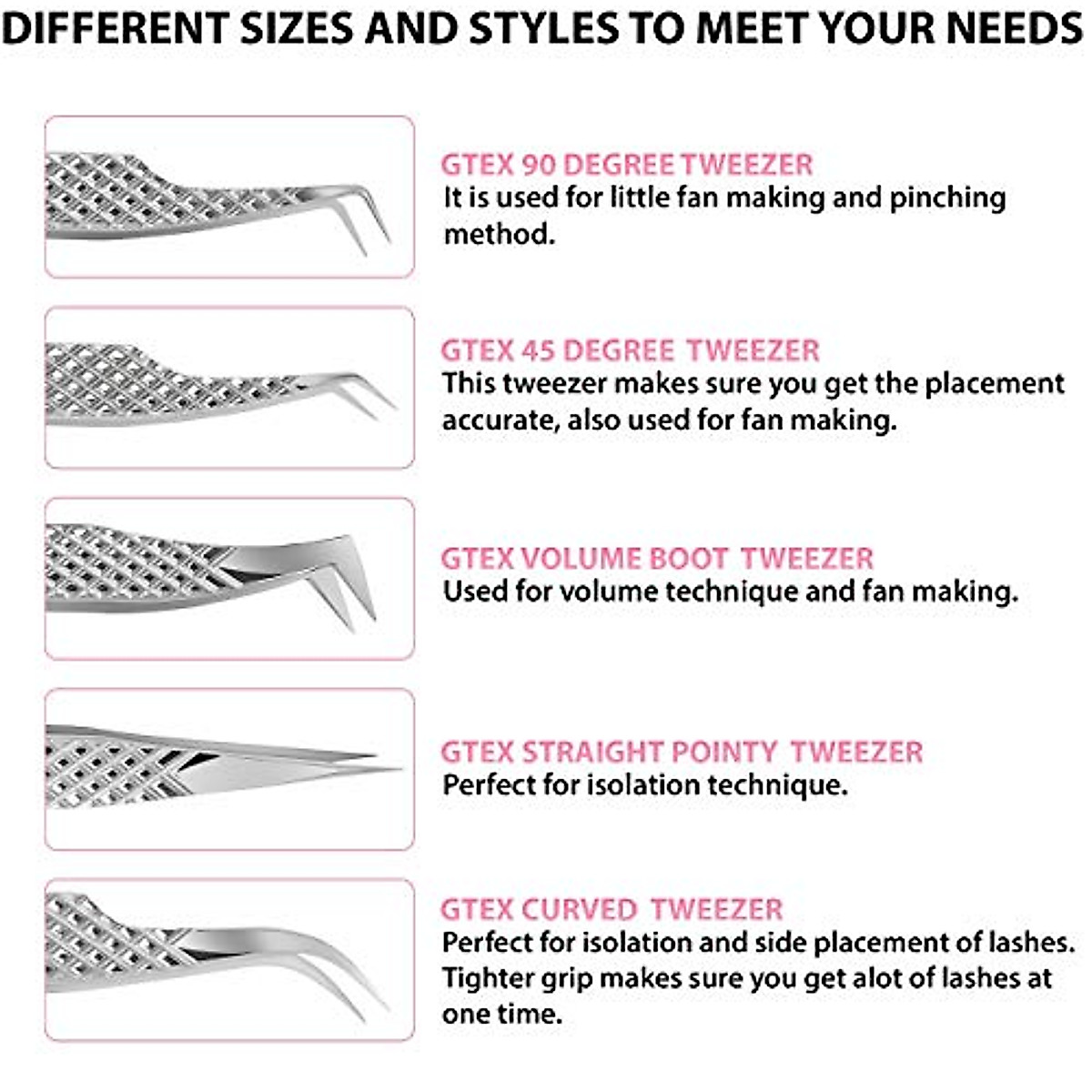 GTEX Lash Tweezers For Eyelash Extensions Tweezers Set of 5, Japanese Stainless Steel, Straight Curved 45 90 Degree Volume Eyelash Tweezers - SILVER
