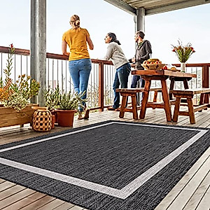 Beverly Rug Waikiki Indoor Outdoor Rug 5x7, Washable Outside Carpet for Patio, Deck, Porch, Bordered Modern Area Rug, Water Resistant, Dark Grey - Light Grey