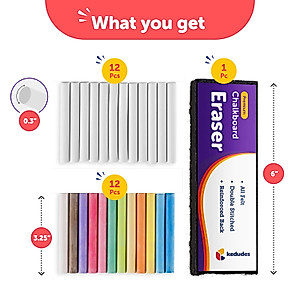 Kedudes Non-Toxic Dustless Chalk with Eraser (24 pack) - 12 Colored Chalk + 12 White Chalkboard Chalk and Chalk Board Eraser for Teachers, Sidewalk Chalk for Kids, Outdoor Chalk, School Supplies Chalk