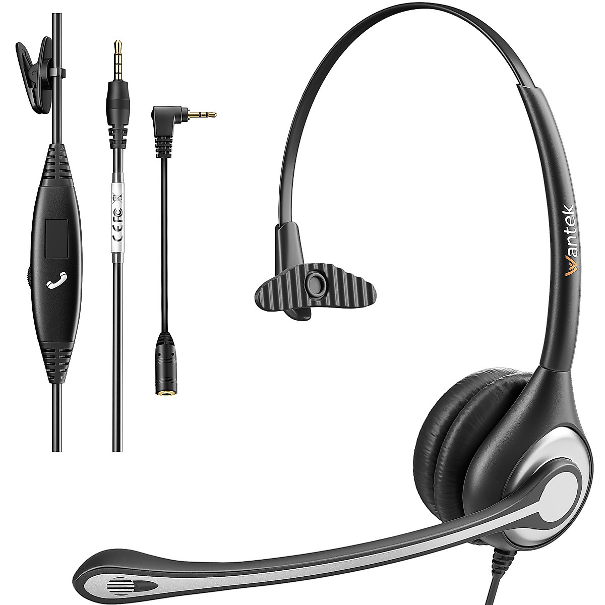 Wantek Cell Phone Headset Mono with Noise Canceling Mic, Wired Computer Headphone for iPhone Samsung Huawei HTC LG ZTE BlackBerry Smartphones and Laptop PC Mac Tablet with 3.5mm Jack(F600J35)