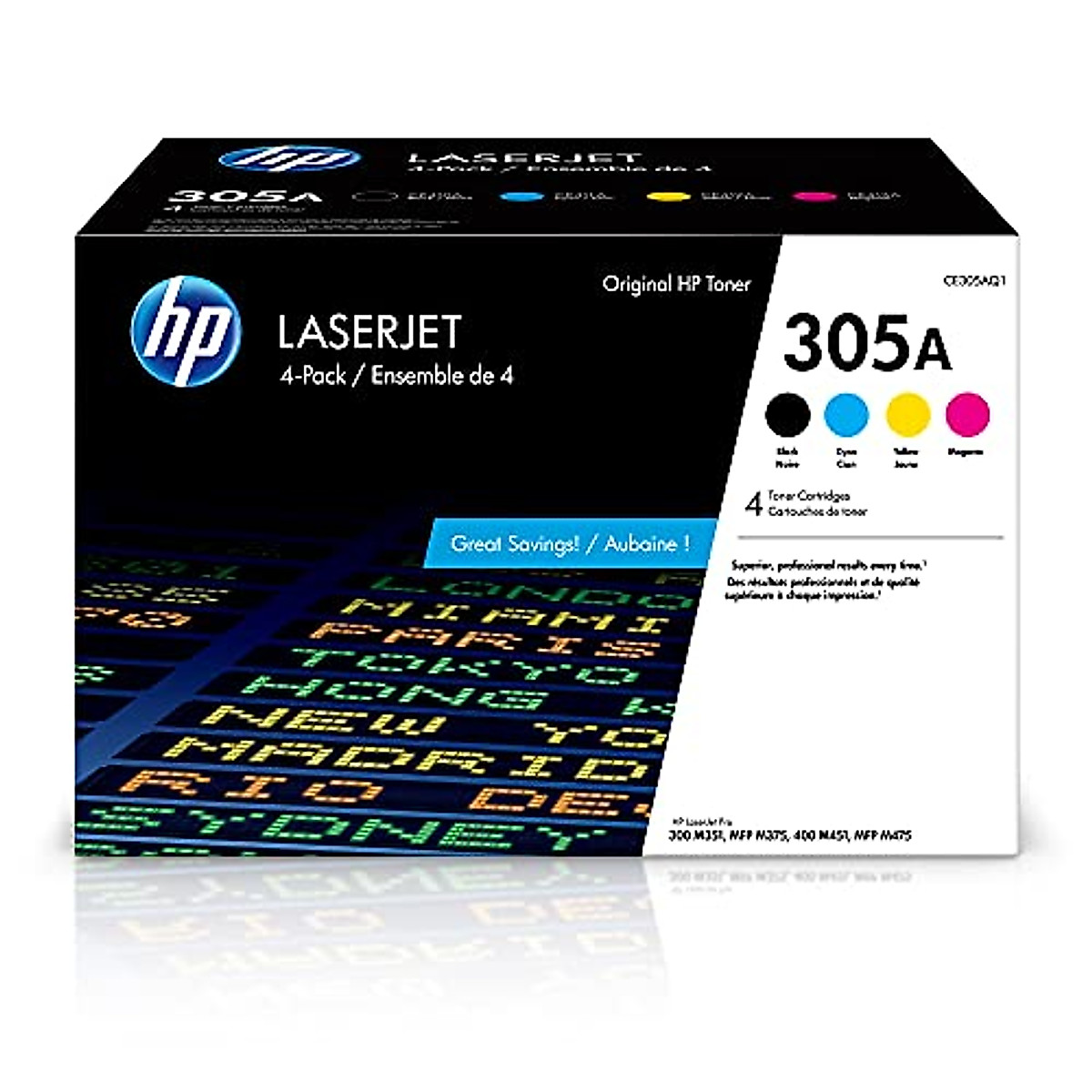 HP 305A Black, Cyan, Magenta, Yellow Toner Cartridges (4-pack) | Works with LaserJet Pro 300 M351, LaserJet Pro 300 MFP M375, LaserJet Pro 400 M451, LaserJet Pro 400 MFP M475 | CE305AQ1