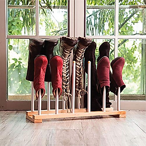 INNOKA 6 Pairs Birch Wood Boot Rack Free Standing Organizer, Easy to Assemble, Wooden & Aluminum Shoes Storage Holder for Tall Knee-High, Hiking, Riding, Rain in Closets & Entryways