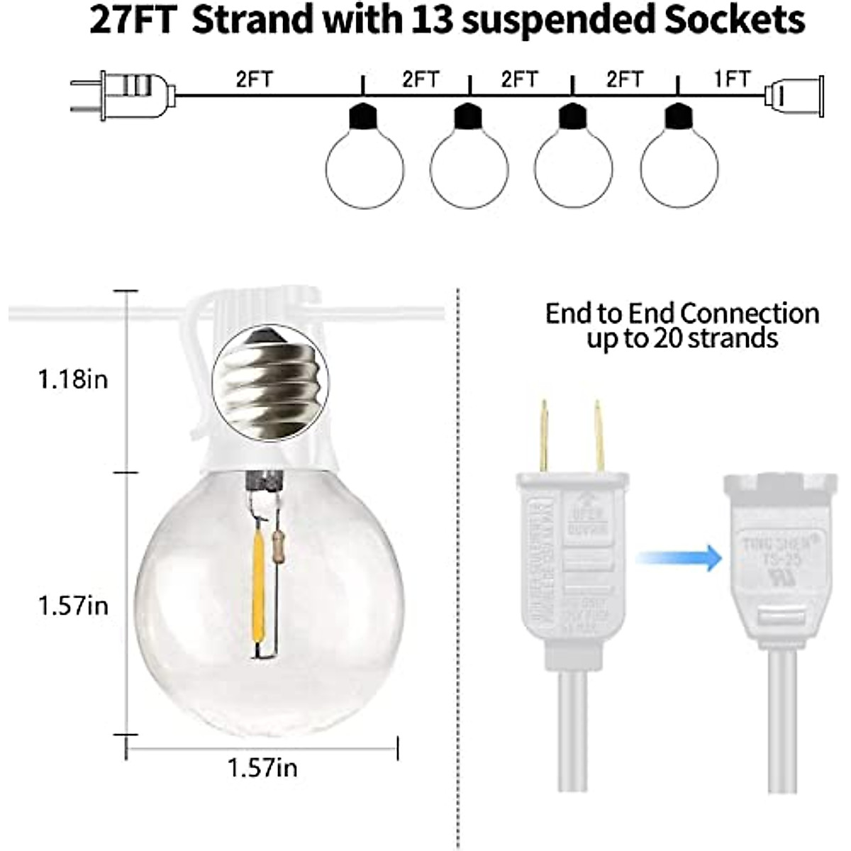 SUNTHIN Outdoor White String Lights, 27FT White Patio Lights with 14 G40 Shatterproof LED Bulbs(1 Spare), Waterproof Hanging Outside Lights for Yard, Porch, Deck, Garden, Pergola