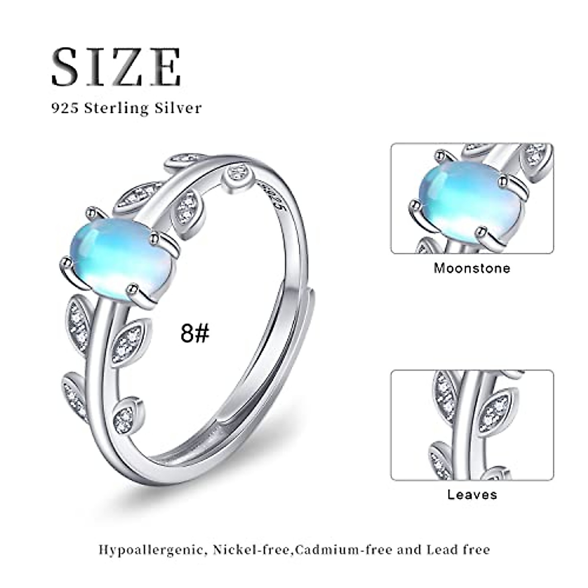 Midir&Etain Leaf Open Ring S925 Sterling Silver Adjustable Moonstone Ring Olive Nature Lover Jewelry Gifts for Women