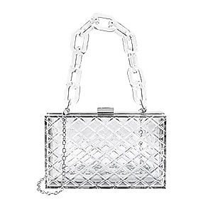 Clear Purse for Women, Acrylic Box Evening Clutch Bag, Transparent Stadium Approved Crossbody Shoulder Handle Handbag Fits Party, School Prom & Concerts (Silver)