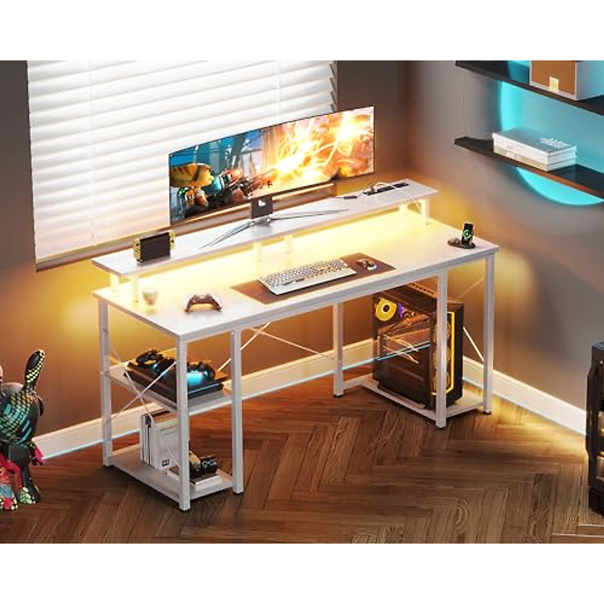ODK 55 inch Gaming Desk with LED Lights & Power Outlets, Computer Desk with Monitor Stand & Storage Sheves, CPU Stand, Home Office Desk White