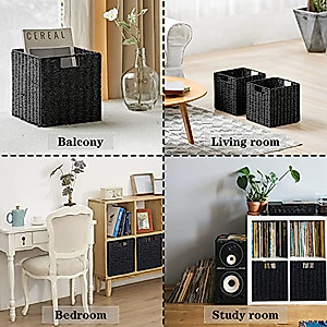 Vagusicc Storage Basket, Set of 2 Hand-Woven Paper Rope Wicker Baskets, Foldable Storage Bins, Large Wicker Storage Square Baskets for Shelves Organizing & Decor, Black (11″×11″×11″)