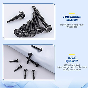 Glarks 420Pcs 410 Stainless Steel #8 TEK Screw Assortment Kit, 3 Styles Hex Washer Head & Modified Truss Head & Phillips Round Head Self Drilling Sheet Metal Screws, Length 5/8" to 1-1/4", Black